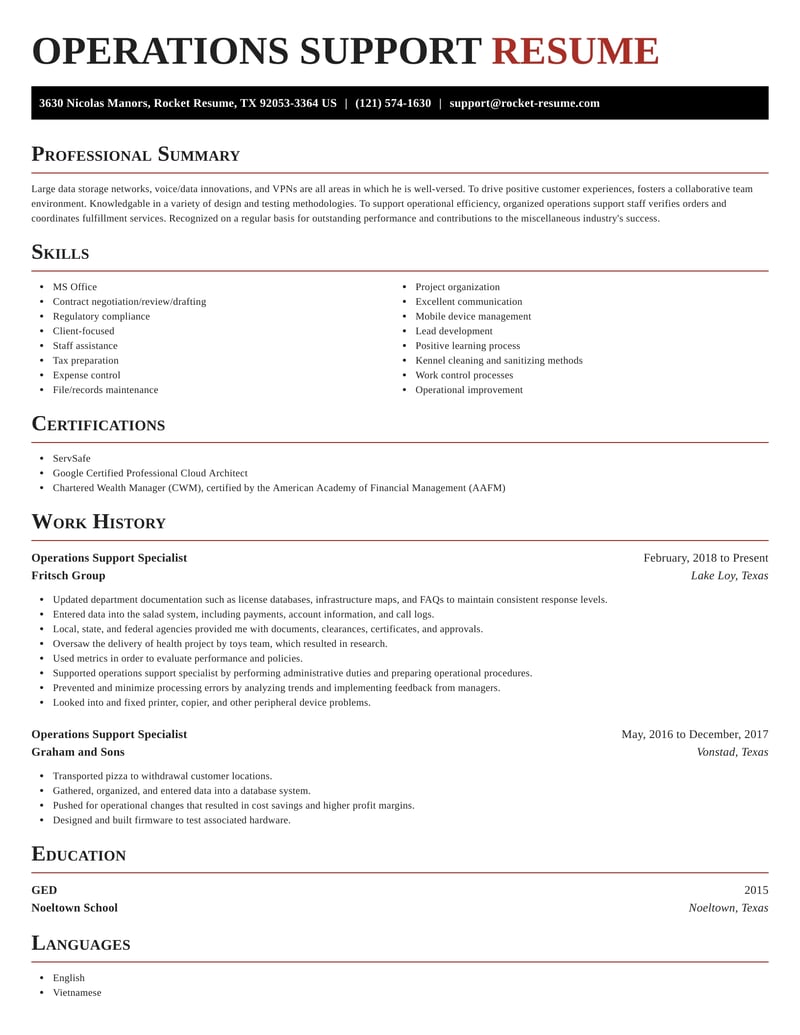 Operations Support Specialist Resumes | Rocket Resume