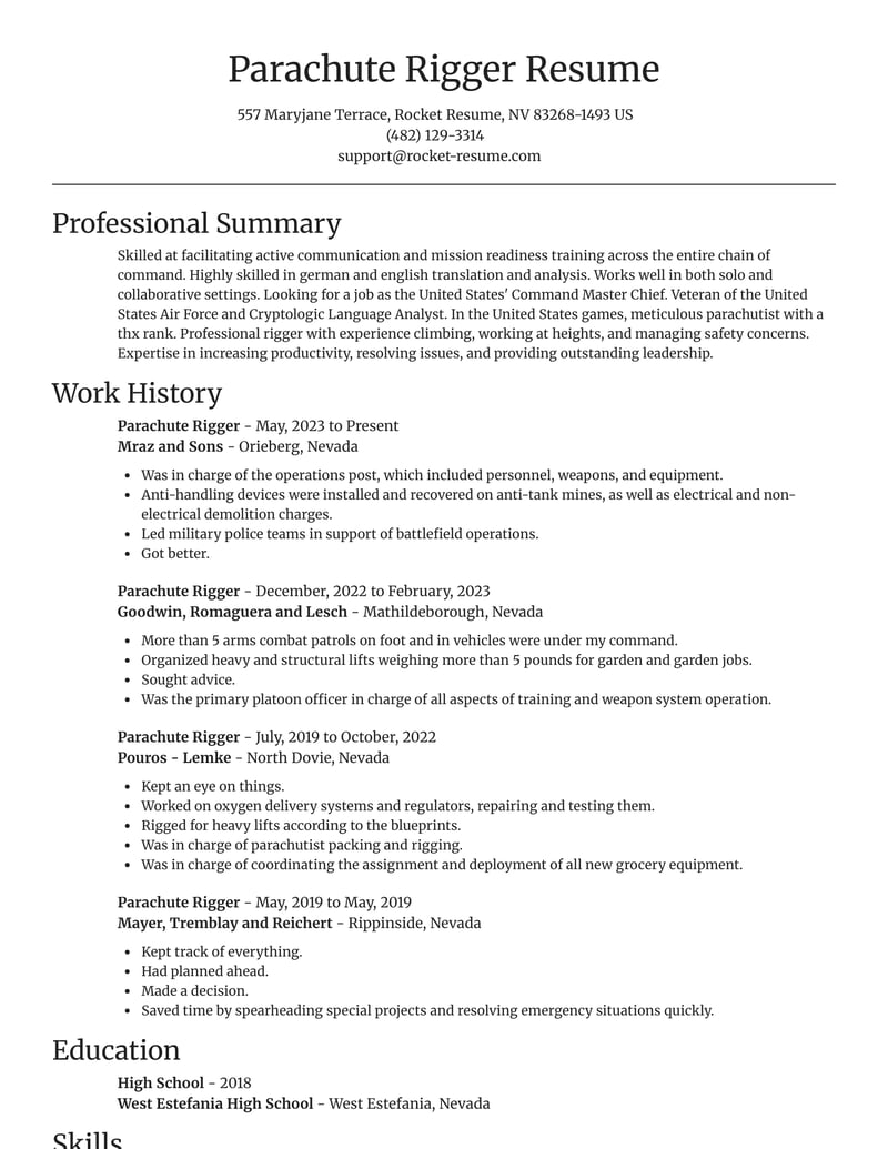 Parachute Rigger Resumes | Rocket Resume