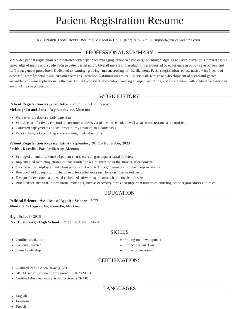 Patient Registration Representative Resumes | Rocket Resume