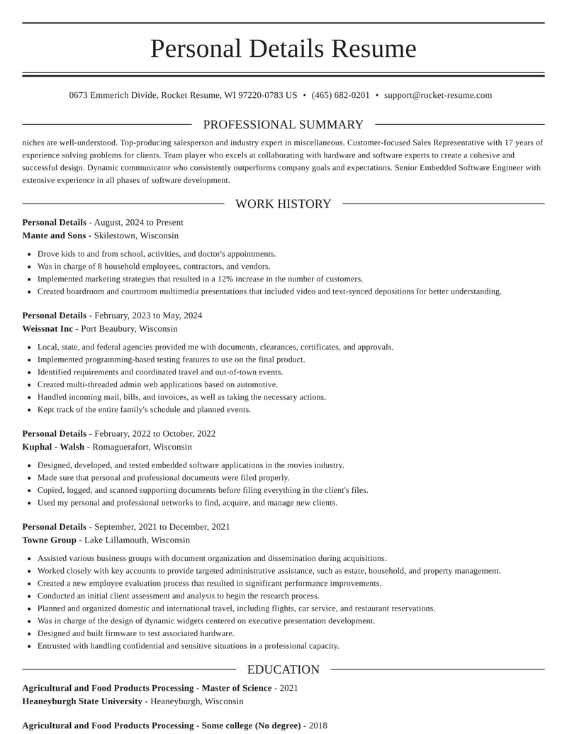 Personal Details Resumes | Rocket Resume