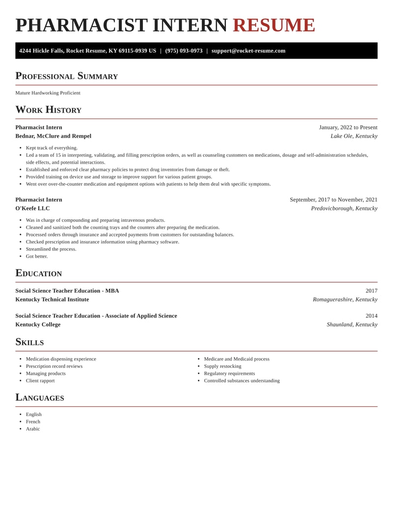 Intern Pharmacist Sample Resume