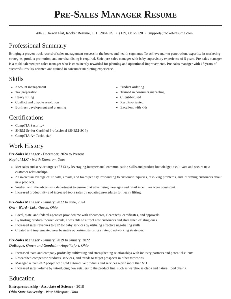 Pre-Sales Manager Resumes | Rocket Resume