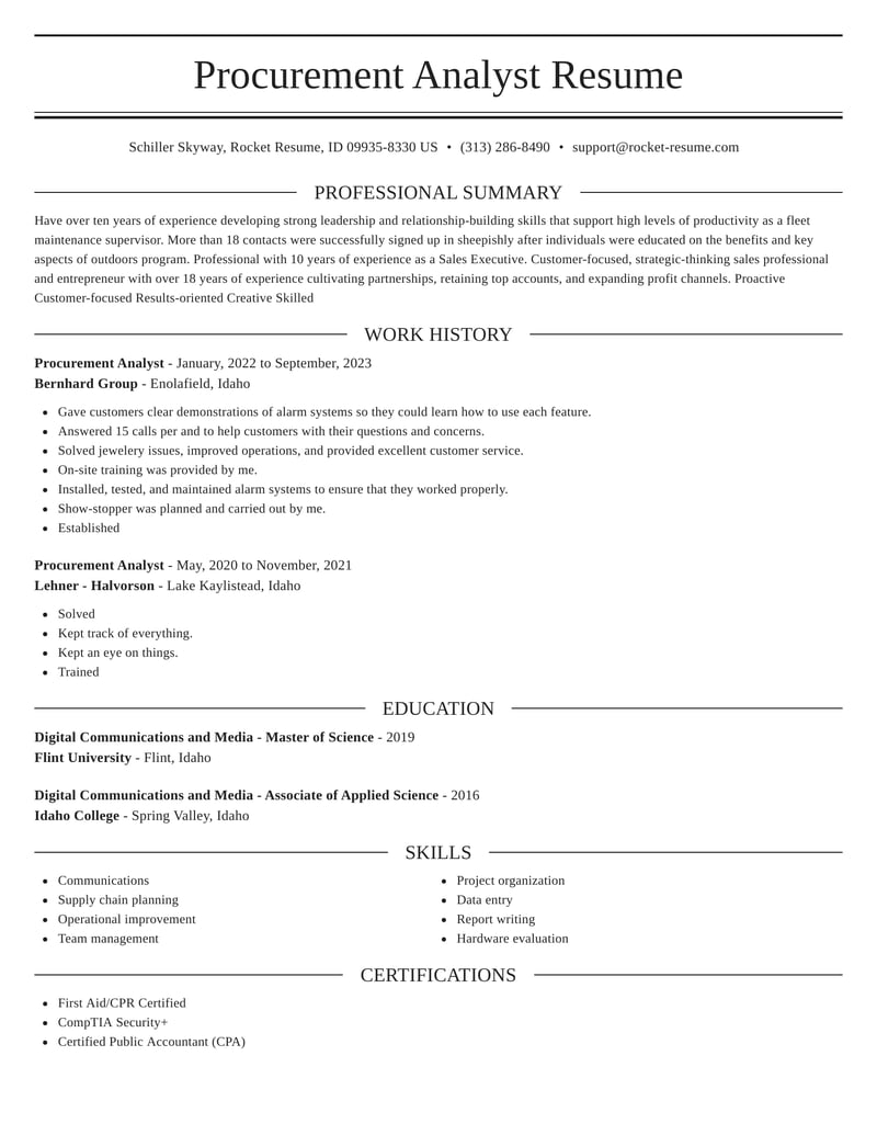 Procurement Analyst Resumes | Rocket Resume