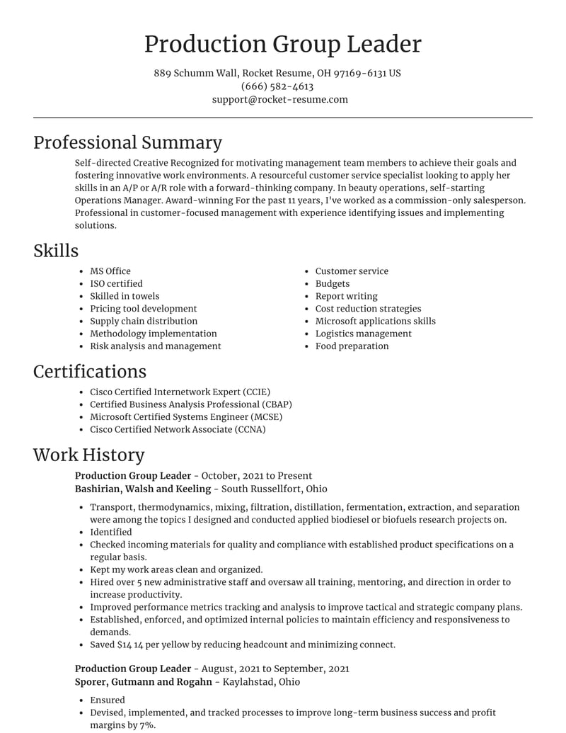 Production Group Leader Resumes | Rocket Resume