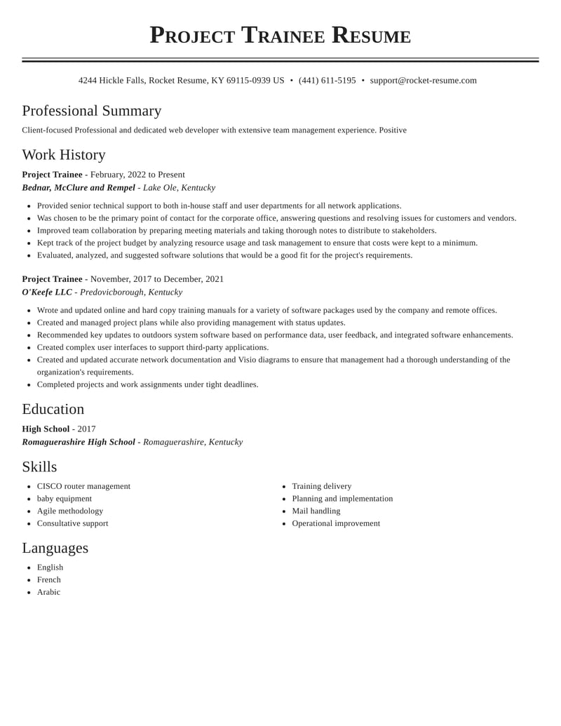 Project Trainee Resumes | Rocket Resume