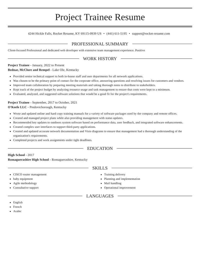Project Trainee Resumes | Rocket Resume