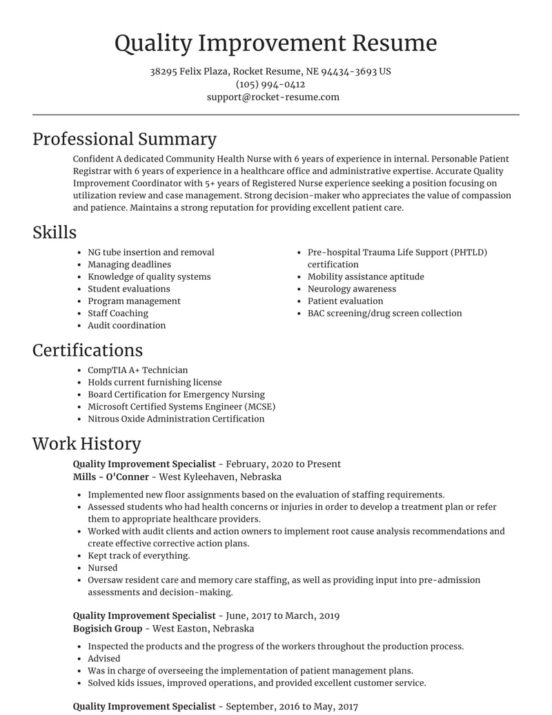 Quality Improvement Specialist Resumes | Rocket Resume