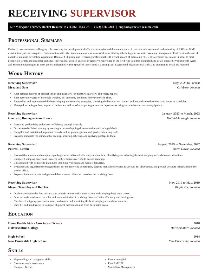 Receiving Supervisor Resumes | Rocket Resume