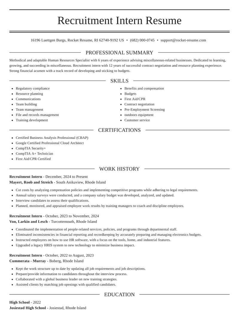 Recruitment Intern Resumes | Rocket Resume