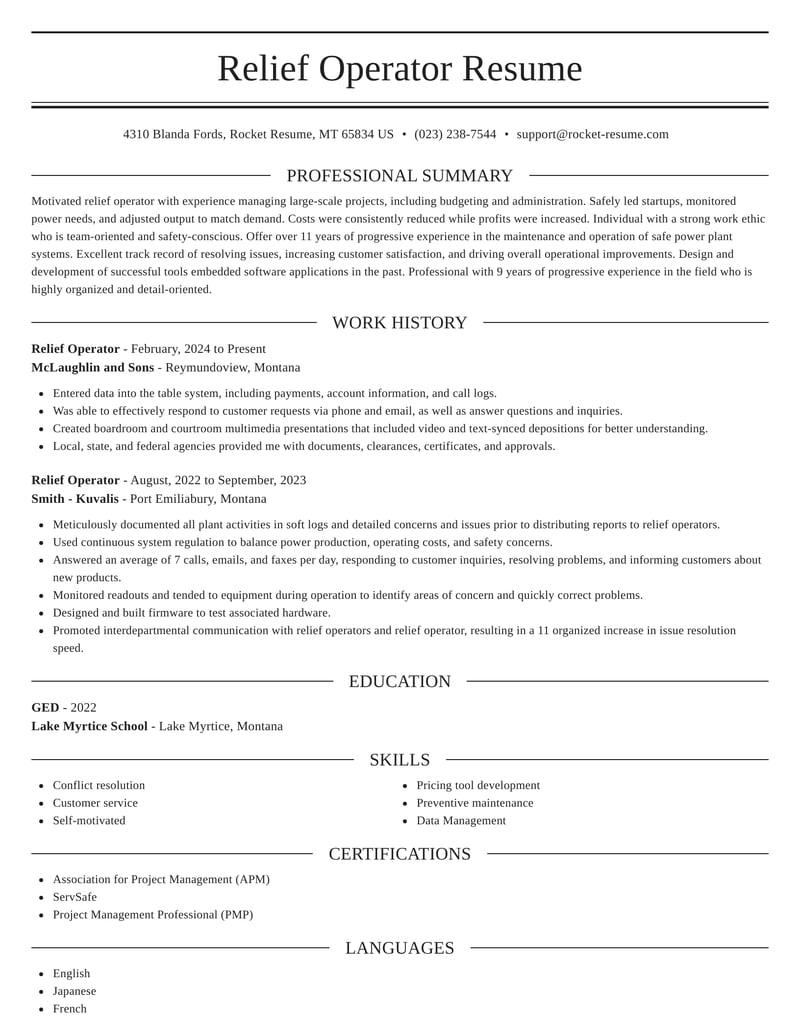 Relief Operator Resumes | Rocket Resume
