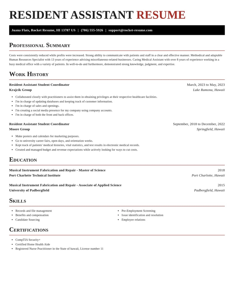 Resident Assistant Student Coordinator Resumes | Rocket Resume