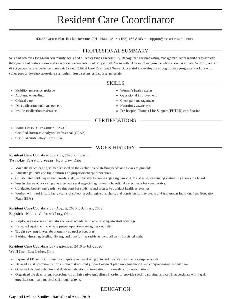Resident Care Coordinator Resumes | Rocket Resume