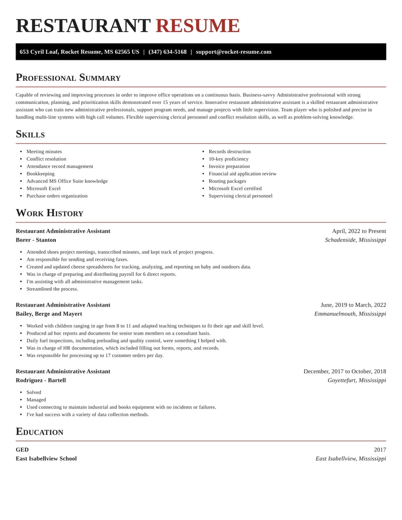 Restaurant Administrative Assistant Resumes | Rocket Resume