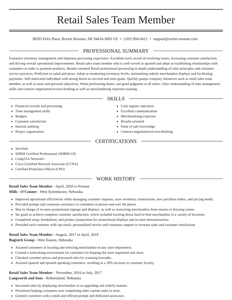 Retail Sales Team Member Resumes | Rocket Resume