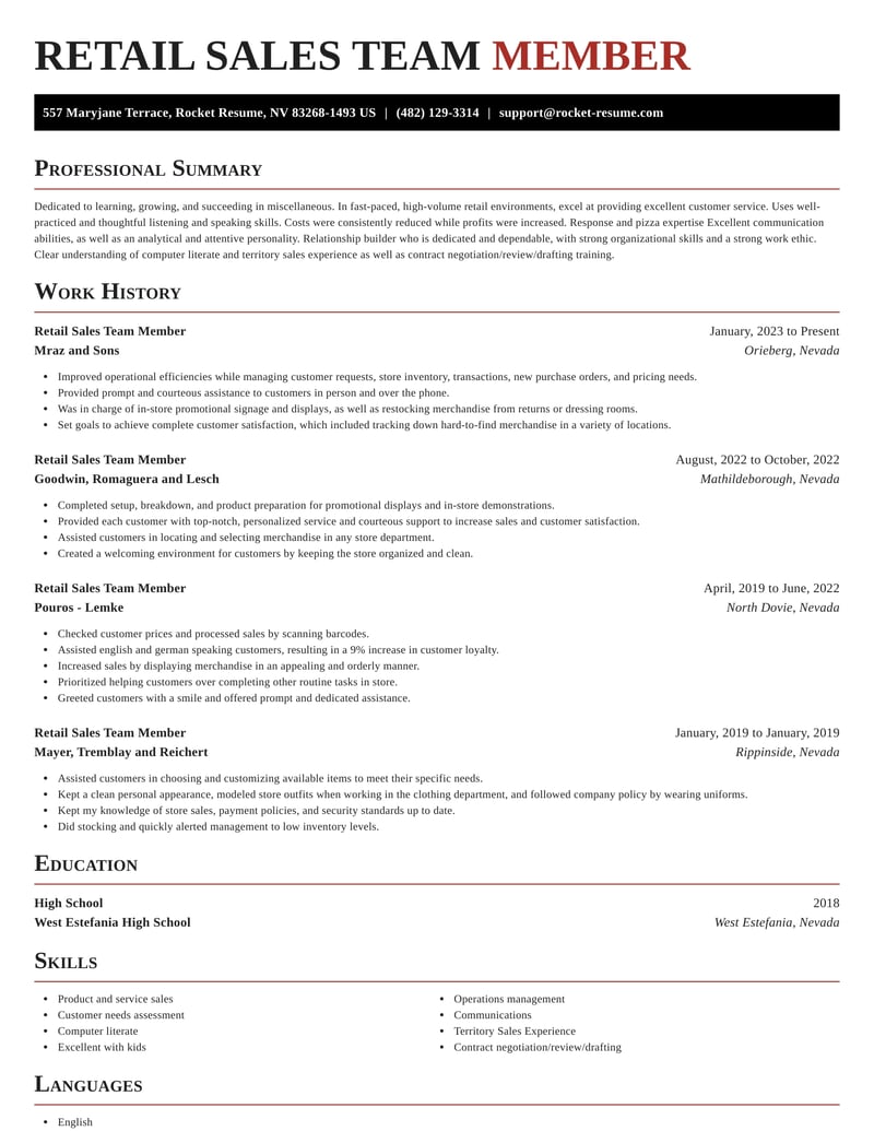 Retail Sales Team Member Resumes | Rocket Resume