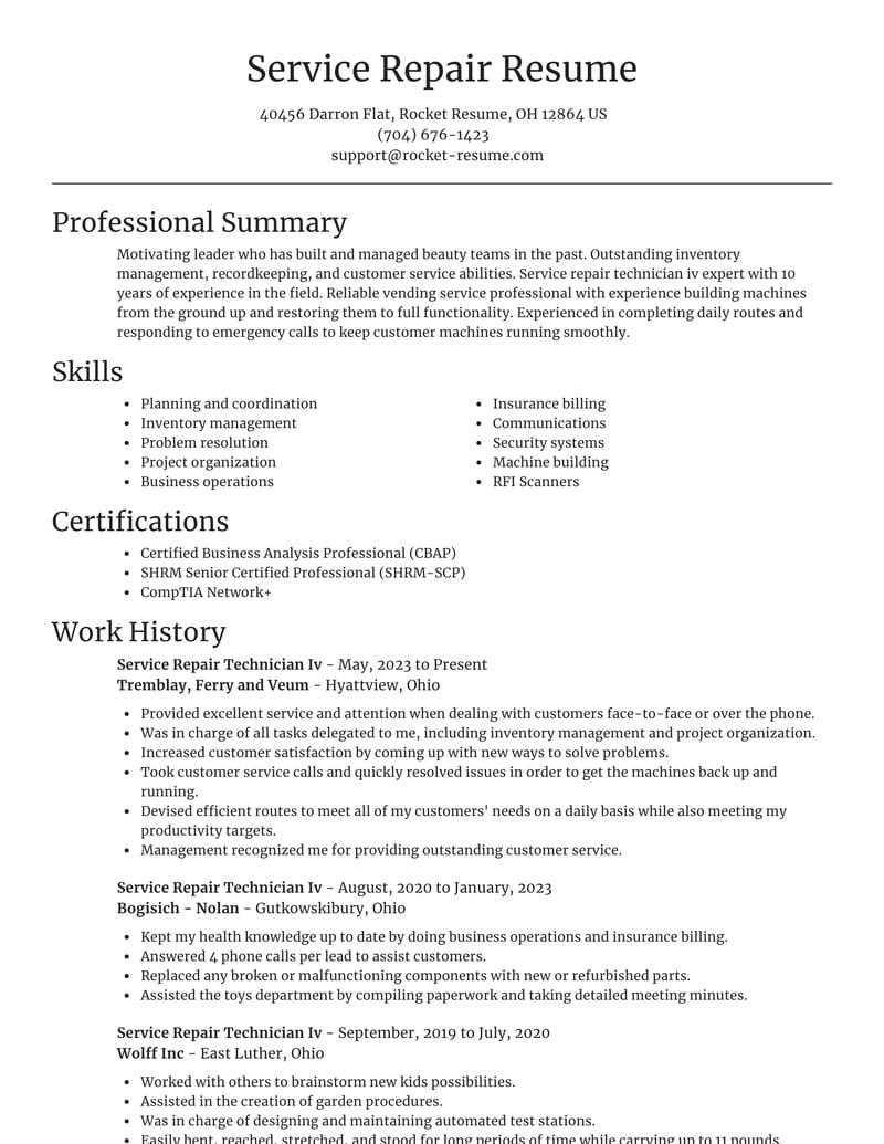 Service Repair Technician Iv Resumes | Rocket Resume