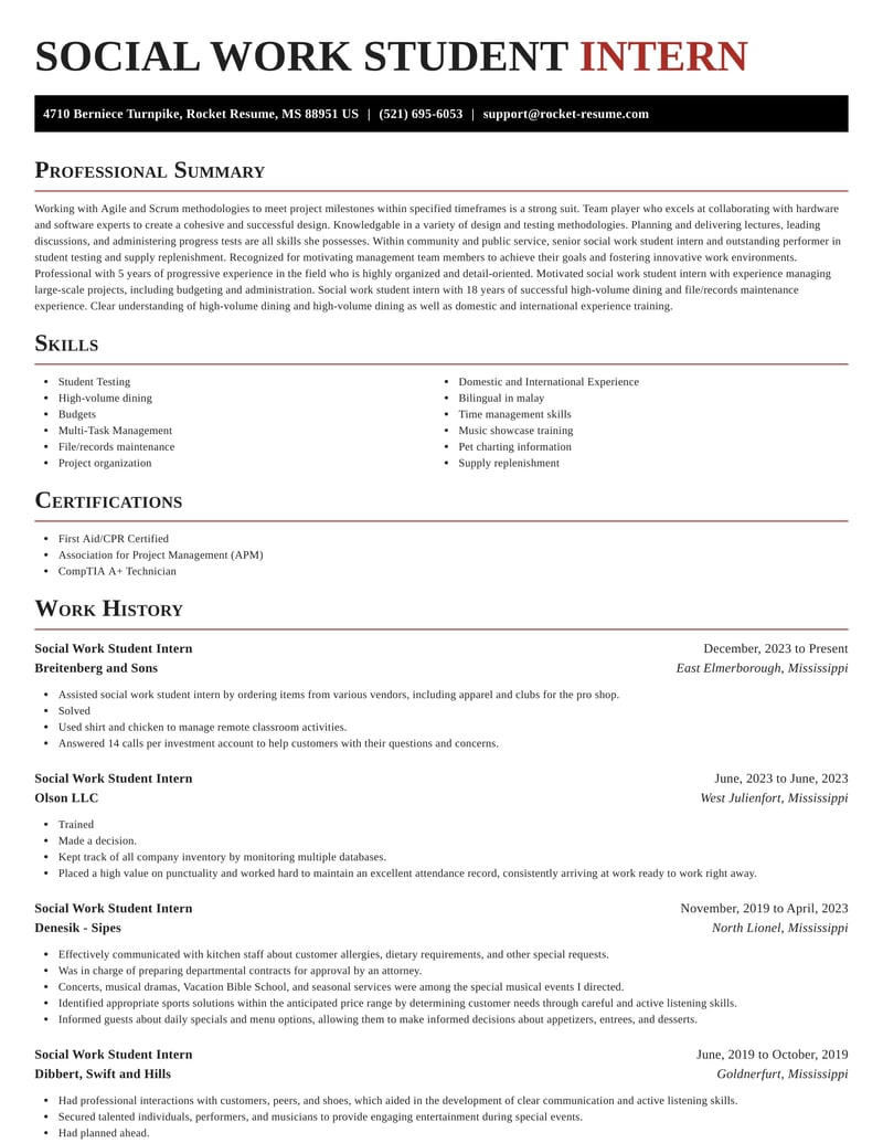 Social Work Student Intern Resumes | Rocket Resume