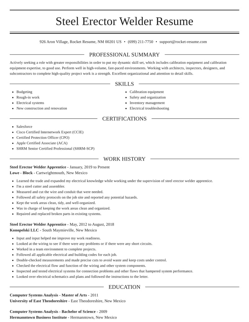 Steel Erector Welder Apprentice Resumes | Rocket Resume