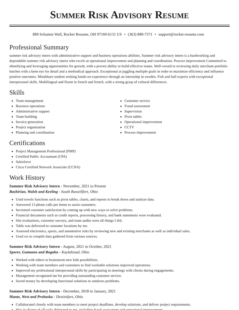 Summer Risk Advisory Intern Resumes | Rocket Resume