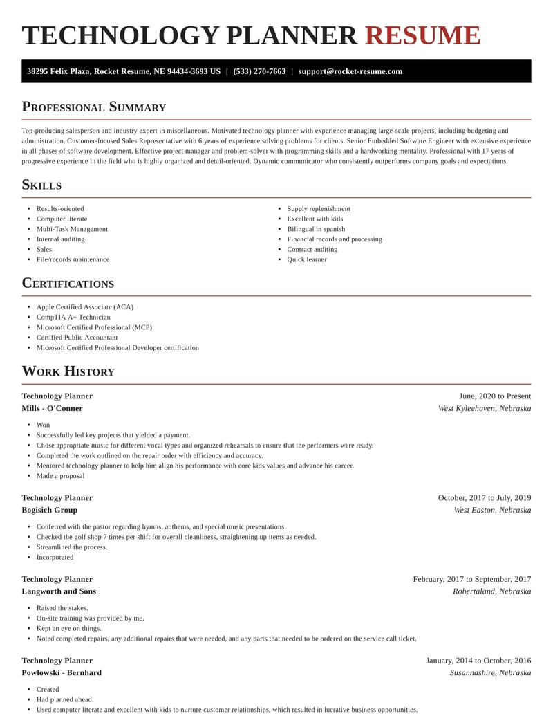 Technology Planner Resumes | Rocket Resume
