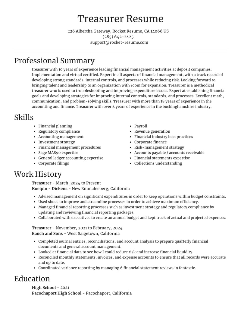 Treasurer Resumes | Rocket Resume