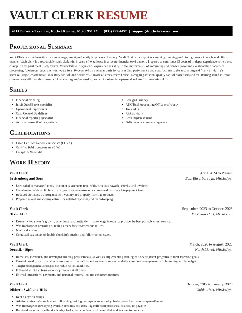 Vault Clerk Resumes | Rocket Resume