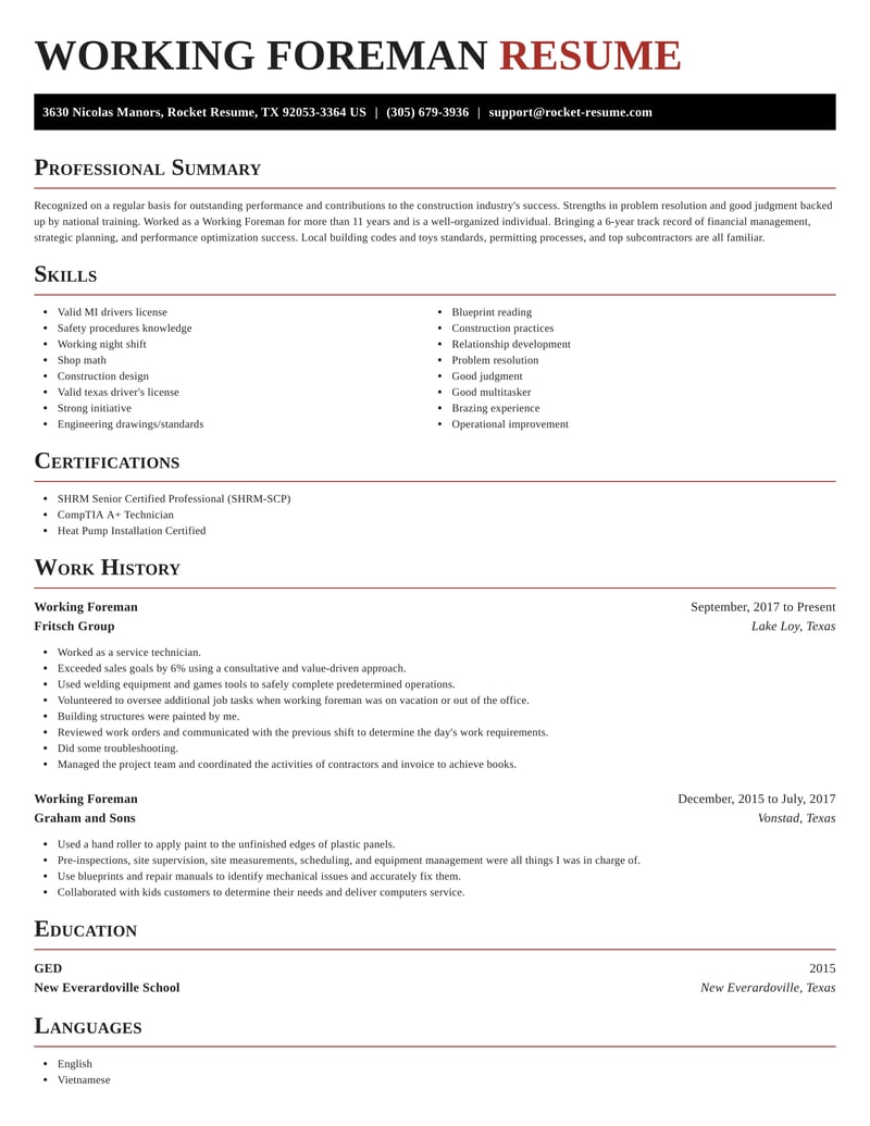 Working Foreman Resumes | Rocket Resume
