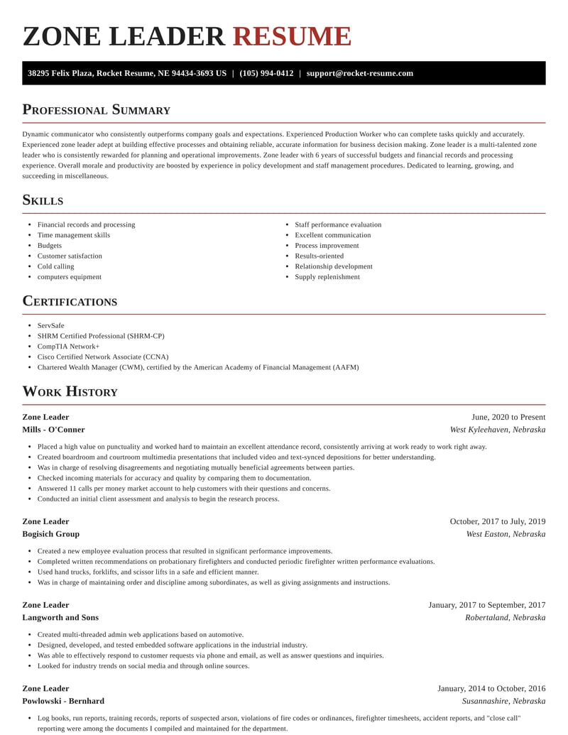 Zone Leader Resumes | Rocket Resume