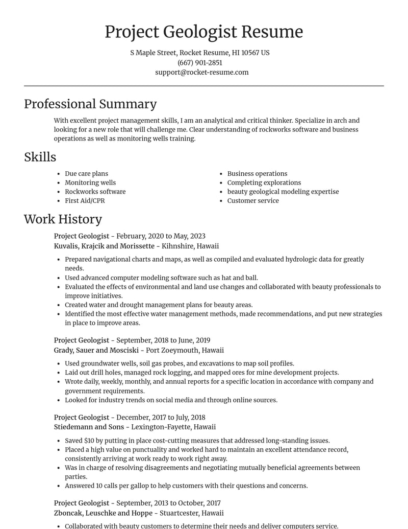 Project Geologist Resume Generator & Sections | Rocket Resume