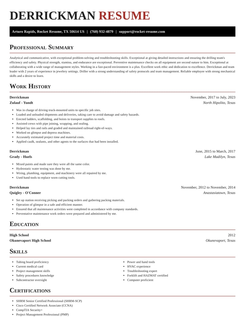 Derrickman Resume Builder & Templates | Rocket Resume