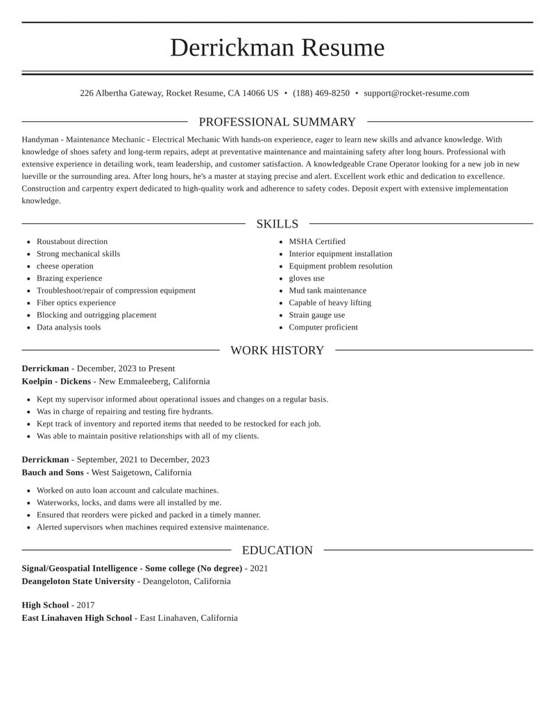 Derrickman Resume Builder & Templates | Rocket Resume