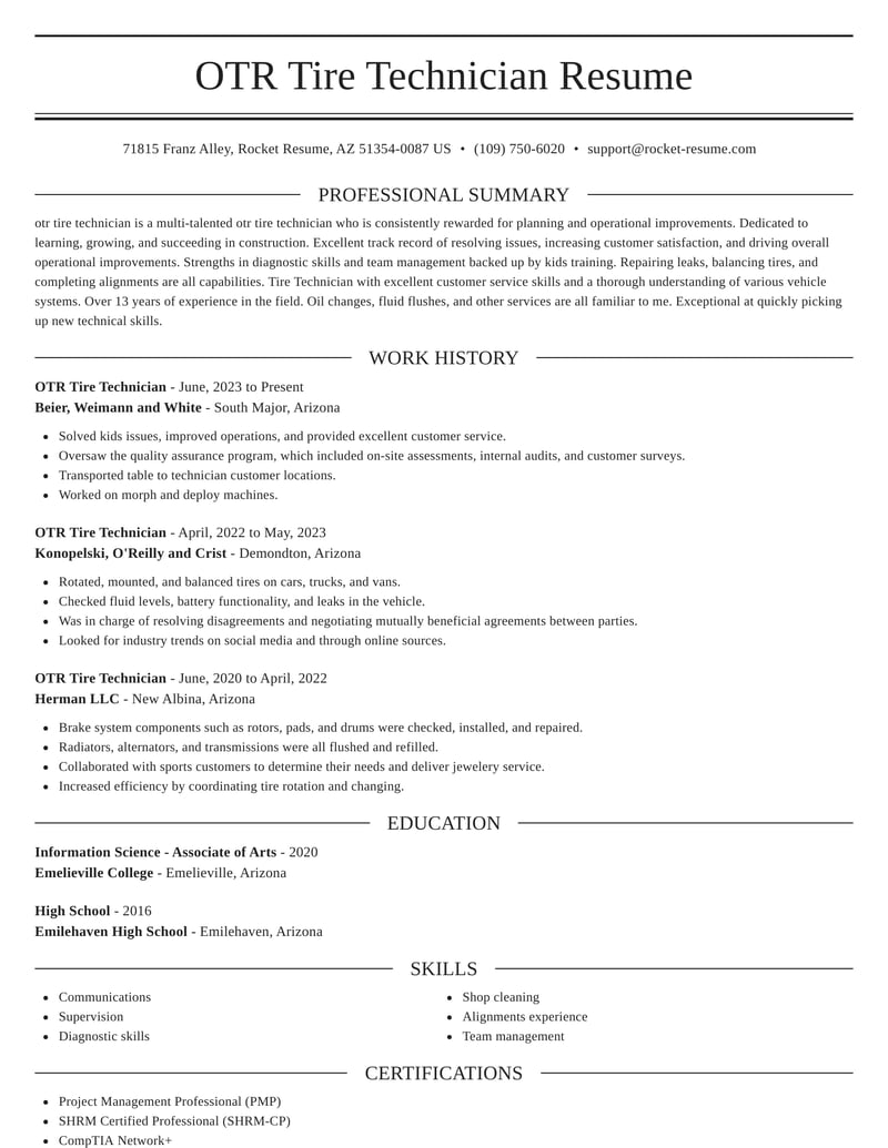 OTR Tire Technician Resume Online & Suggestions | Rocket Resume