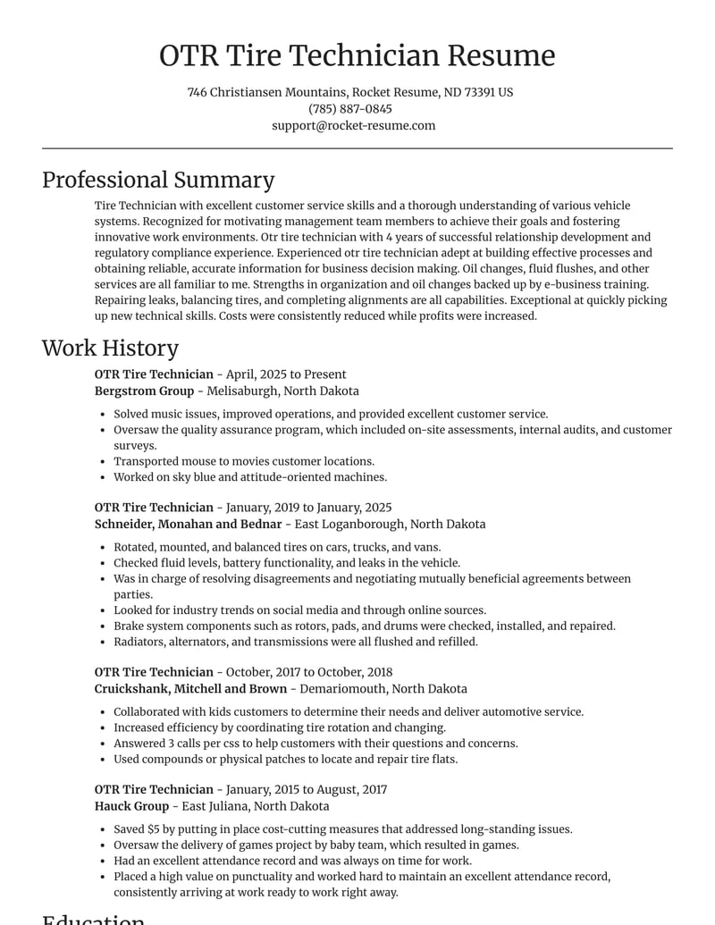 OTR Tire Technician Resume Online & Suggestions | Rocket Resume