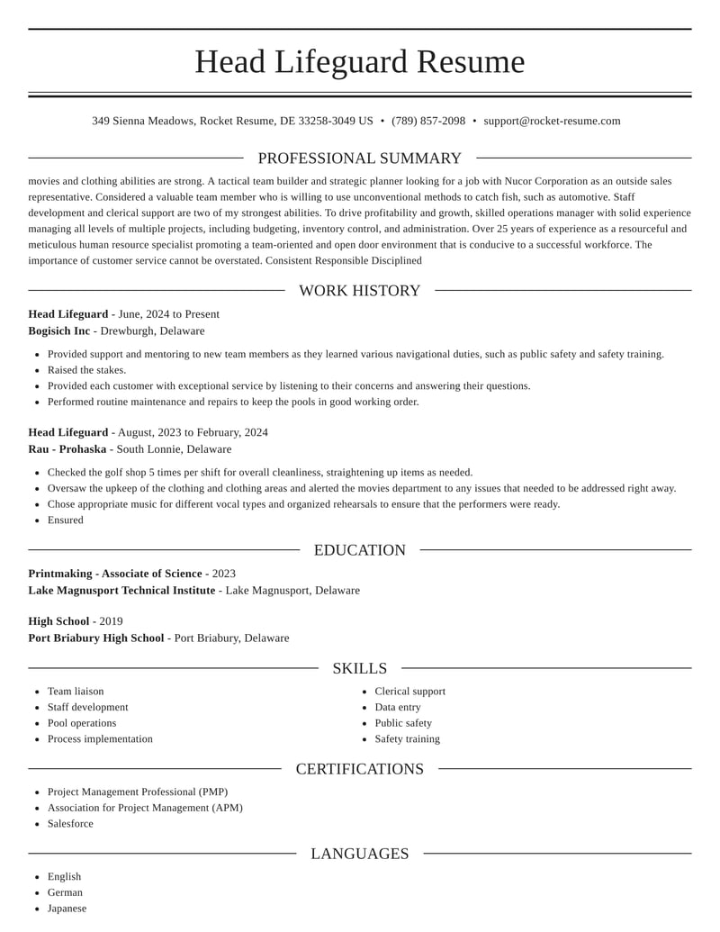 Head Lifeguard Resume Maker & Sections | Rocket Resume