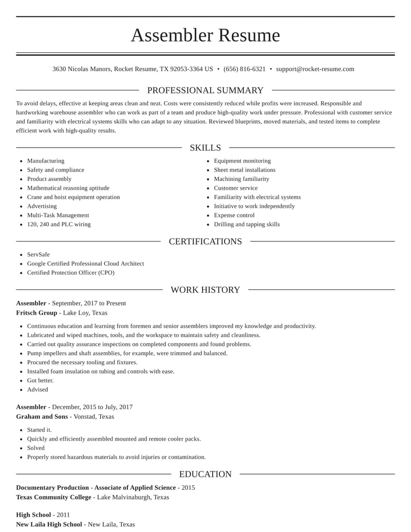 Assembler Resume Editor & Examples | Rocket Resume