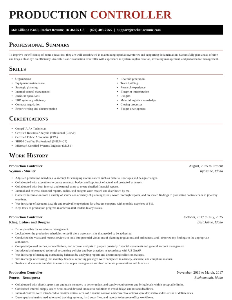 Production Controller Resume Online & Copy | Rocket Resume