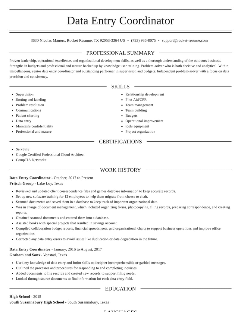 Data Entry Coordinator Resume Tool & Ideas | Rocket Resume