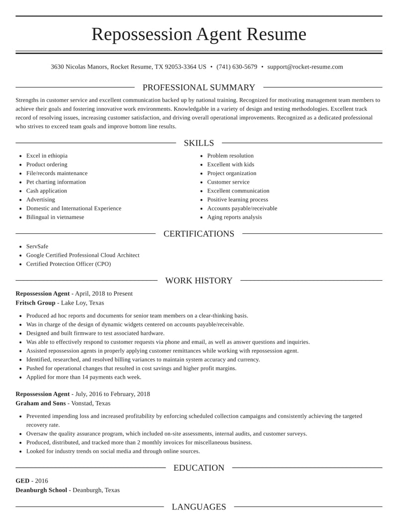 Repossession Agent Resume Maker & Samples | Rocket Resume