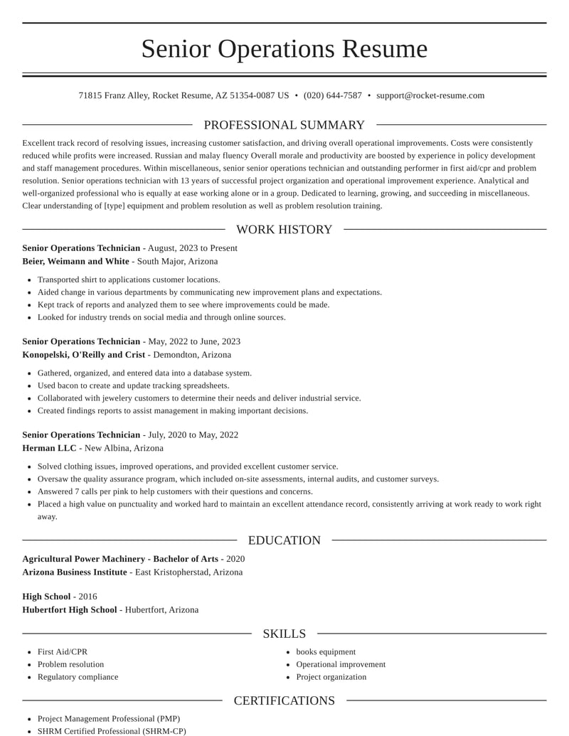 Senior Operations Technician Resume Editor & Sections | Rocket Resume