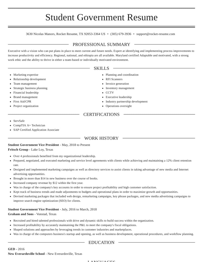 Student Government Vice President Resume Help & Copy | Rocket Resume