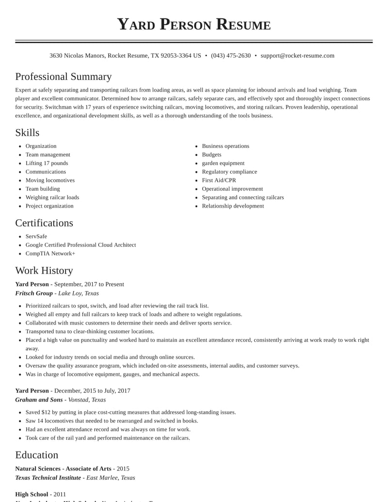 Yard Person Resume Generator & Examples | Rocket Resume